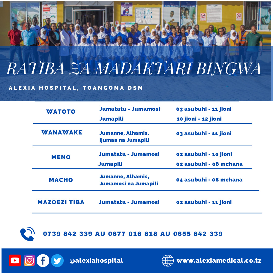 Ratiba za Madaktari Bingwa Kuanzia Mei 2022 – Alexia Medical Hospital